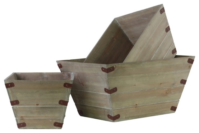 Wood Rectangle Basket With Tapered Bottom, Set of Three, Weathered ...