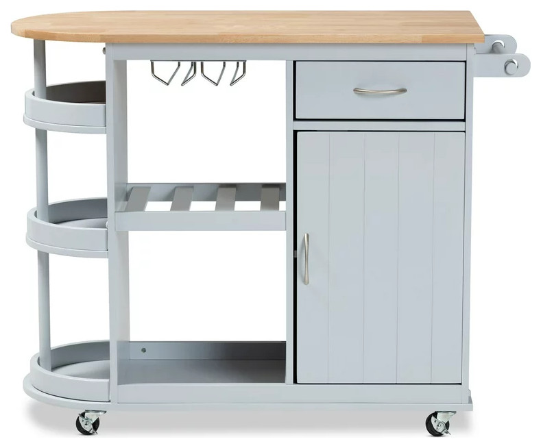 Coastal Kitchen Cart, Rounded Design With Glass Stemware, Light Gray ...