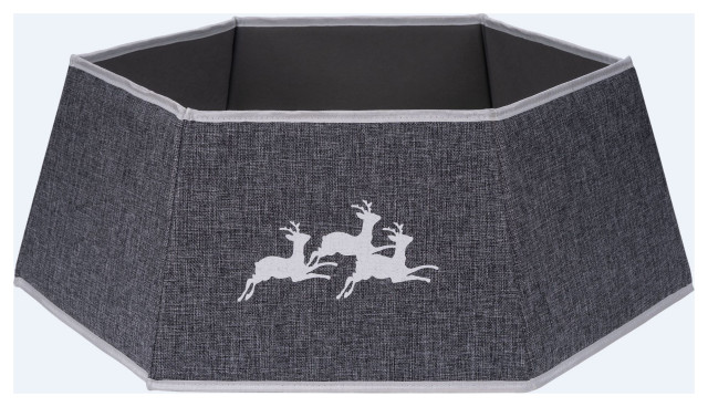 26.75" Gray Burlap With Reindeer Hexagonal Christmas Tree Collar ...