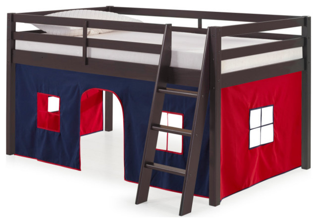 Twin Wood Junior Loft Bed With Espresso With Blue And Red Bottom Tent ...