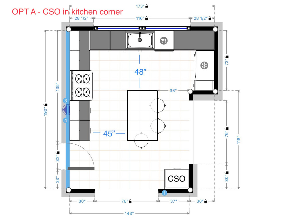 Kitchen Layout - Range, steam oven, island