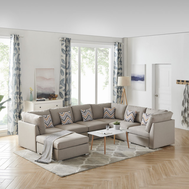 Amira Beige Fabric Reversible Modular Sectional Sofa With Ottoman ...
