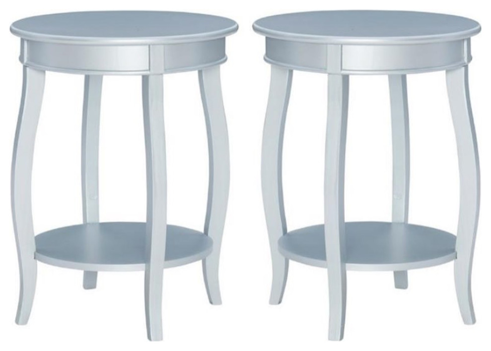 Home Square Round Wood End Table with Shelf in Silver - Set of 2 ...
