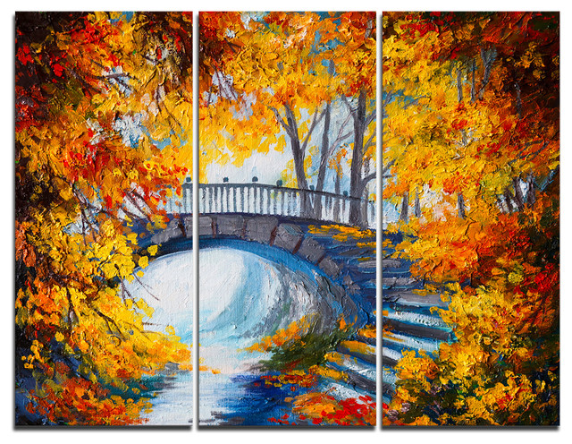 "Fall Forest With A Bridge" Landscape Canvas Artwork, 36"x28" 3 Panel ...