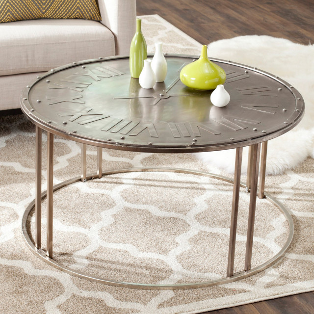 Unique Clock Cocktail Table with Dark Antique Silver Finish, Roman ...