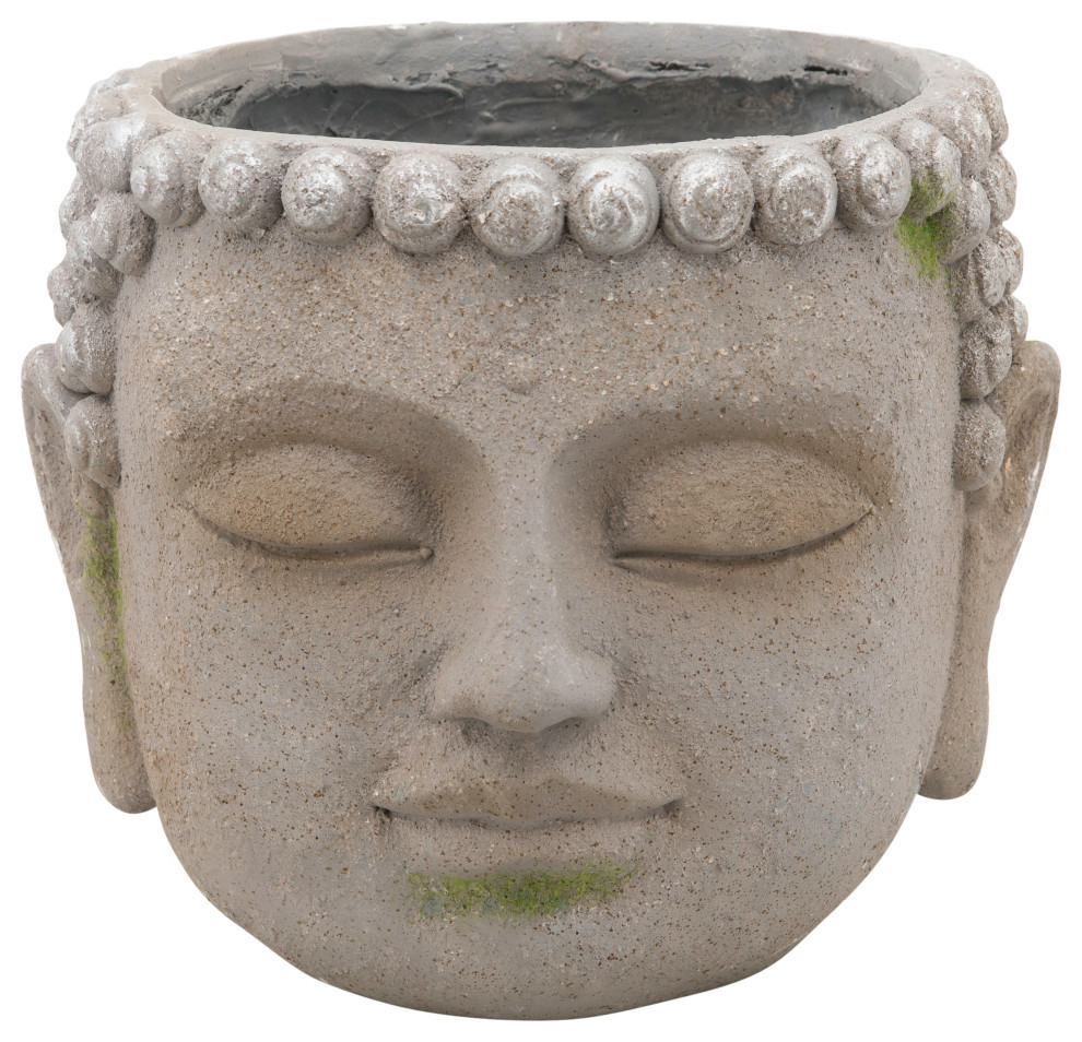 Resin, 11" Buddha Head Planter, Gray - Asian - Outdoor Pots And ...