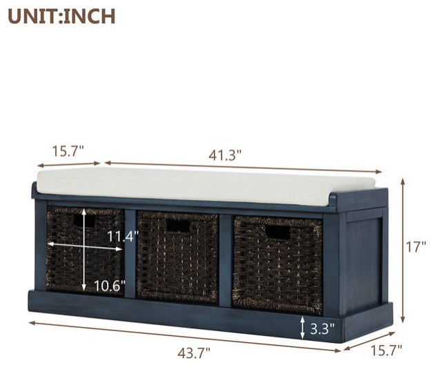 Rustic Entryway Storage Bench with 3 Removable Rattan Baskets and ...