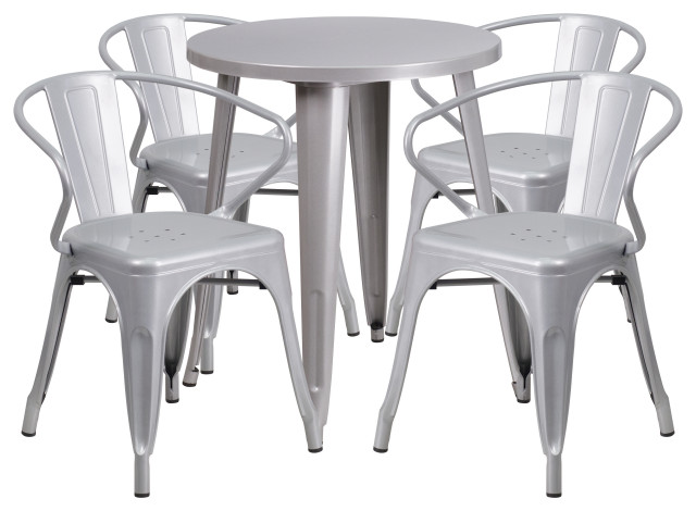 24" Round Silver Metal Indoor-Outdoor Table Set with 4 Arm Chairs ...