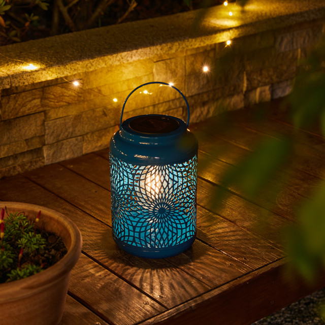 8.75"H Blue Metal Cutout Solar Powered Lantern - Contemporary - Outdoor ...