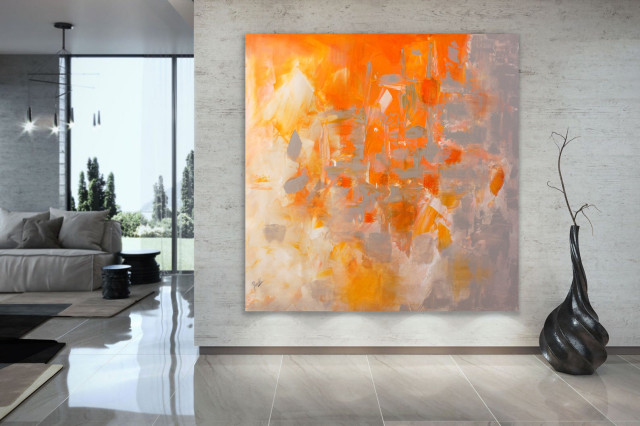 Explode- 48x48 inch Original Large Modern abstract orange Painting MADE ...