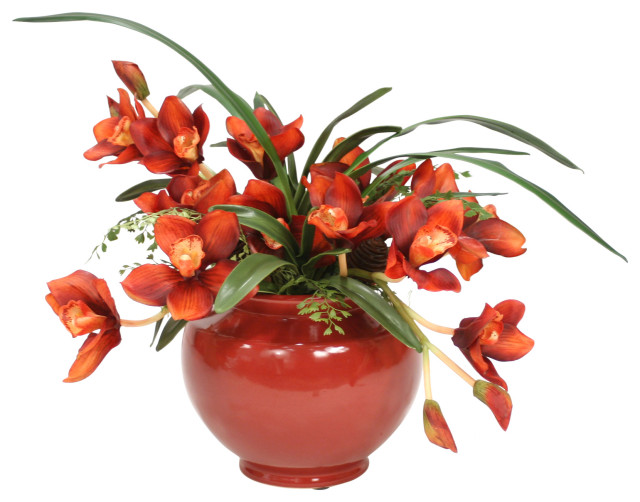 Rust Orchids with Maiden Hair Fern in Red Ceramic Planter - Traditional ...