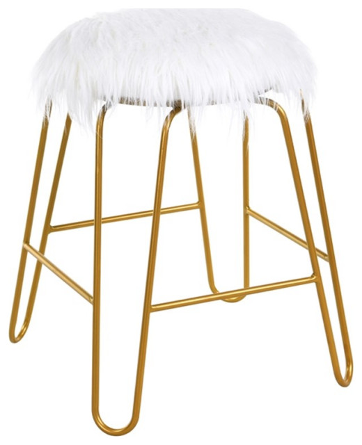 Pemberly Row Mid-Century Metal 18" Vanity Chair in White Faux Fur and ...