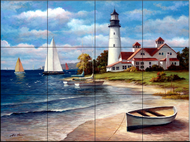 Tile Mural, Sailing The Safe Harbor by T.C. Chiu, 24" x 18" (12 Tiles ...