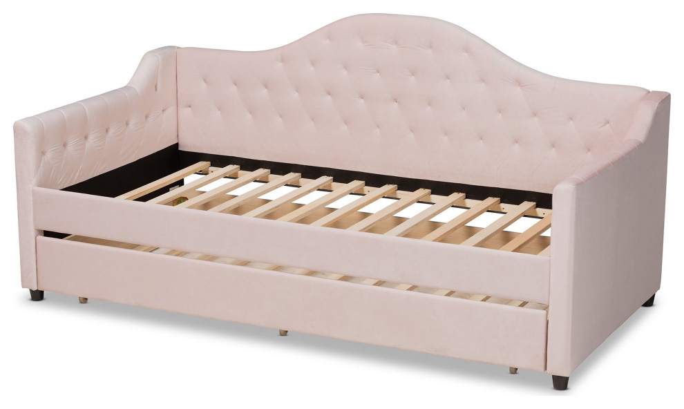 Daybed With Pull Out Trundle, Light Pink Velvet Upholstery & Tufted ...