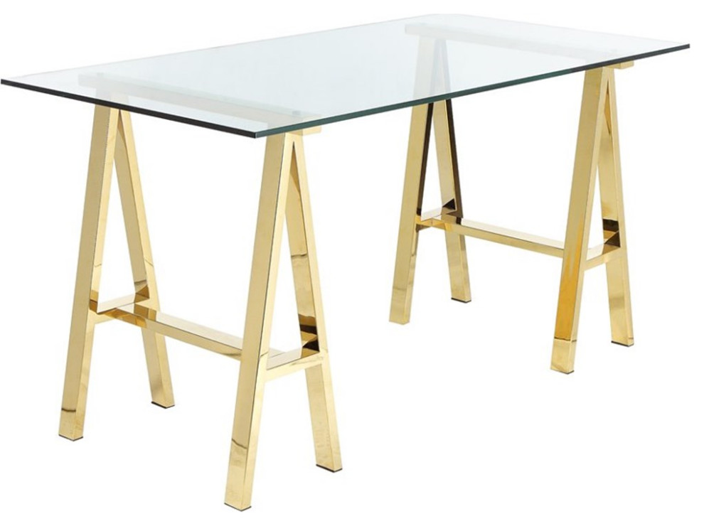 Pangea Home Brady Small Metal Desk with Glass in Polished Gold ...