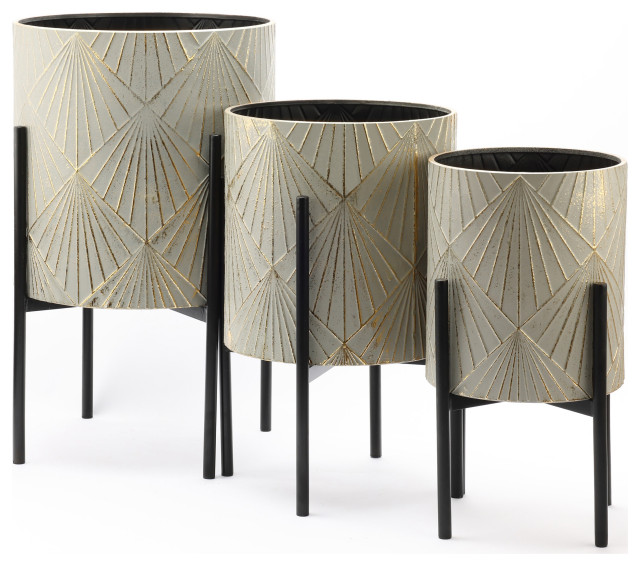 3 Piece Gray and Gold Metal Cachepot Planters With Black Stand ...