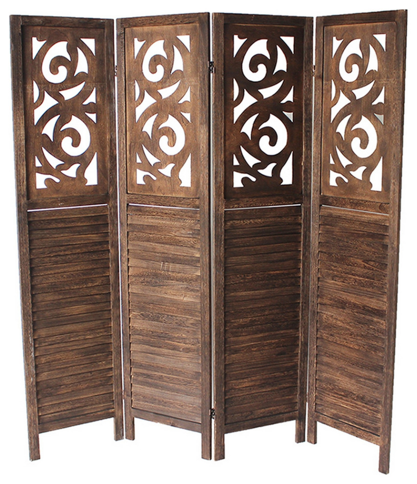 Traditional 4 Panel Room Divider With Slat Panelling, Brown ...