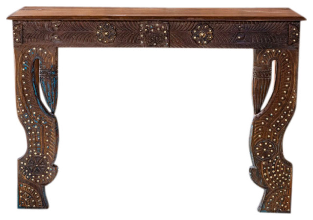 Consigned Antique Sofa table, Peacock Carved Legs Brass Studs Console ...