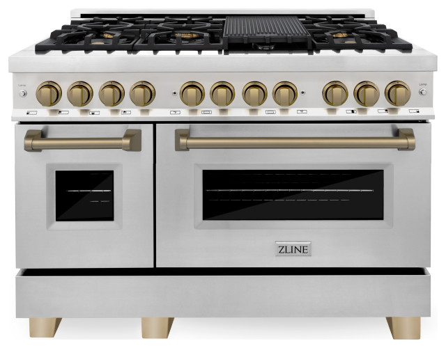 ZLINE 48" Dual Fuel Range, Stainless Steel With Champagne Bronze RAZ-48 ...