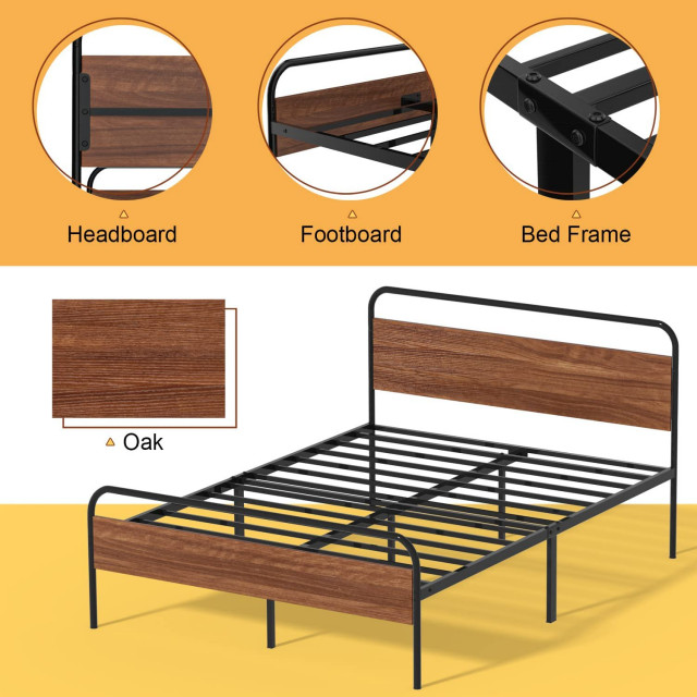 Modern Platform Bed, Metal Frame With Rounded Edges & Wooden Headboard ...