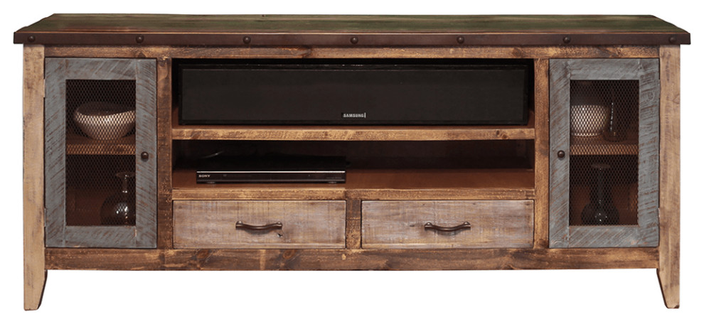 76" Brown Solid Wood Cabinet Enclosed Storage Distressed TV Stand ...