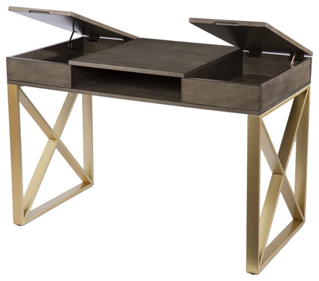 Transitional Desk, X-Shaped Accented Golden Legs & 2 Lift Up ...