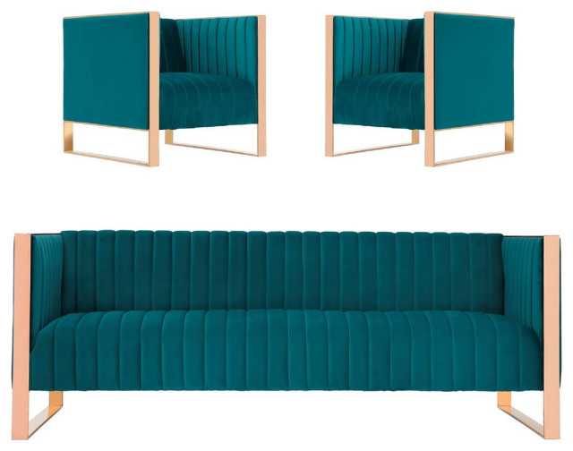 Trillium Sofa and Armchair Set of 3 in Teal and Rose Gold ...