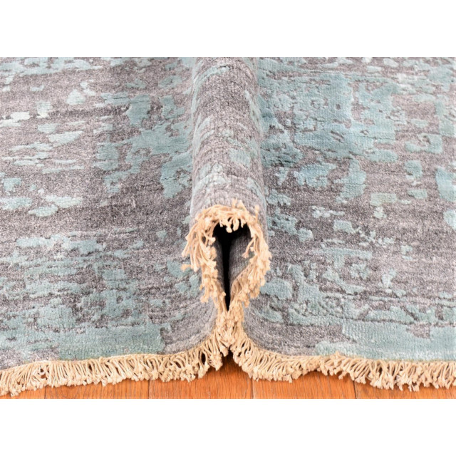 Silver Broken Persian Design Hand Knotted Wool and Silk Square Rug, 12 ...