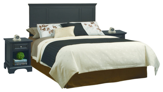 3 Pieces Bedroom Set, Bed With Raised Paneled Headboard & 2 Nightstand ...