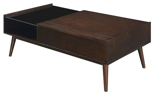 Mid-Century Espresso Coffee Table with Lift-Top and Black Glass Surface ...