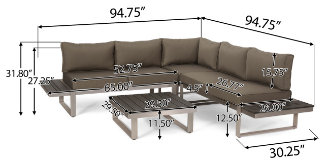 Jagger Outdoor Aluminum V-Shaped 5-Seat Sofa Set With Cushions ...