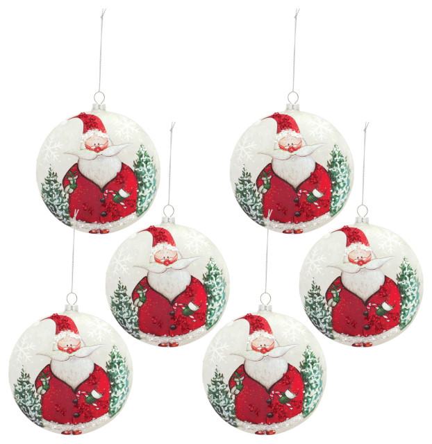 Santa Disc Ornament, 6-Piece Set, 5"D Glass - Transitional - Christmas ...