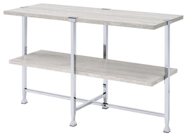 ACME Brecon Rectangular Wooden Sofa Table with Shelf in White Oak and ...