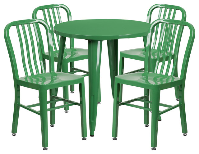 30" Round Green Metal 5-Piece Table Set With 4 Vertical Slat Back ...