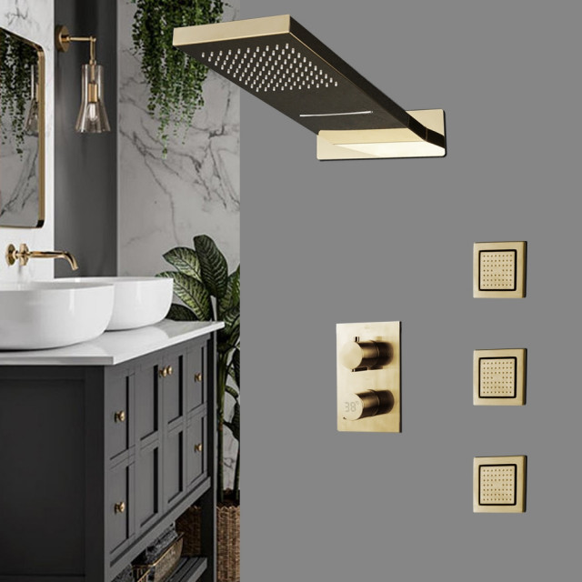 22" Brushed Gold Digital Rainfall Shower System, 3 Jetted Body ...