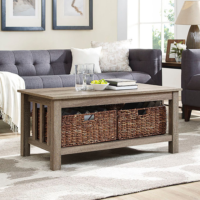 40" Wood Storage Coffee Table With Wicker Totes - Farmhouse - Coffee ...