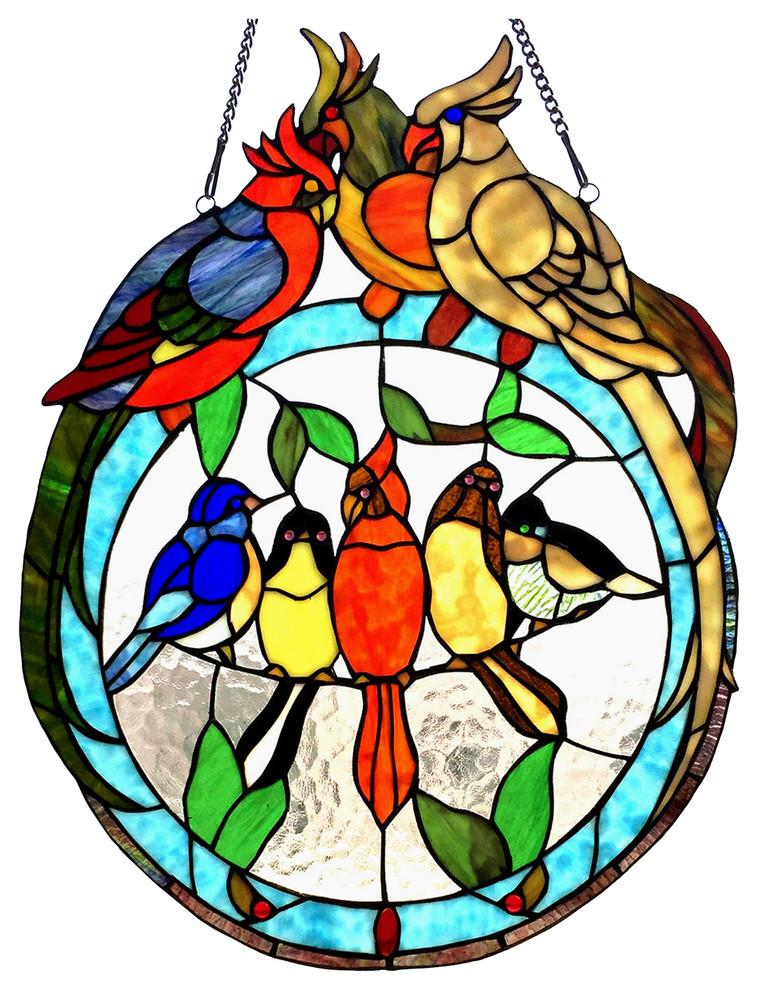 Songbird Tiffany-Glass Featuring Birds Resting On Wire Window Panel ...