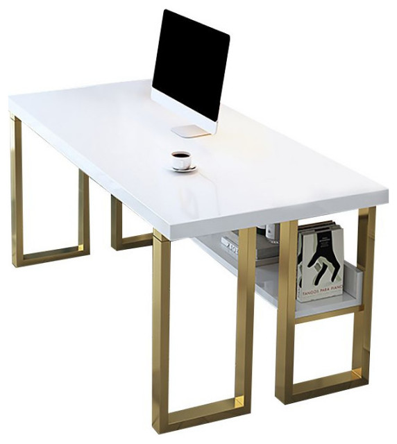 White Rectangular Computer Desk With Drawer Office Desk Storage Shelf ...