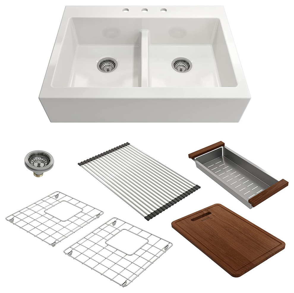 BOCCHI 1501-001-KIT1 Apron Front Drop-In Fireclay 34" 2 Bowl Kitchen ...