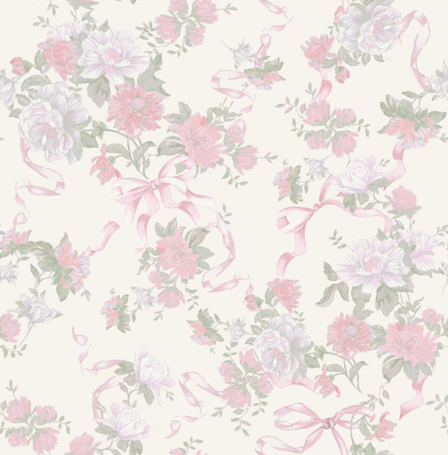 Cabbage Rose Bow Pretty in Pink Ribbons & Roses Wallpaper, Bolt ...