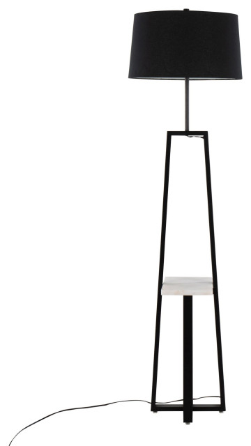 Cosmo Shelf Floor Lamp, White Marble/Black Metal With Black Linen Shade ...
