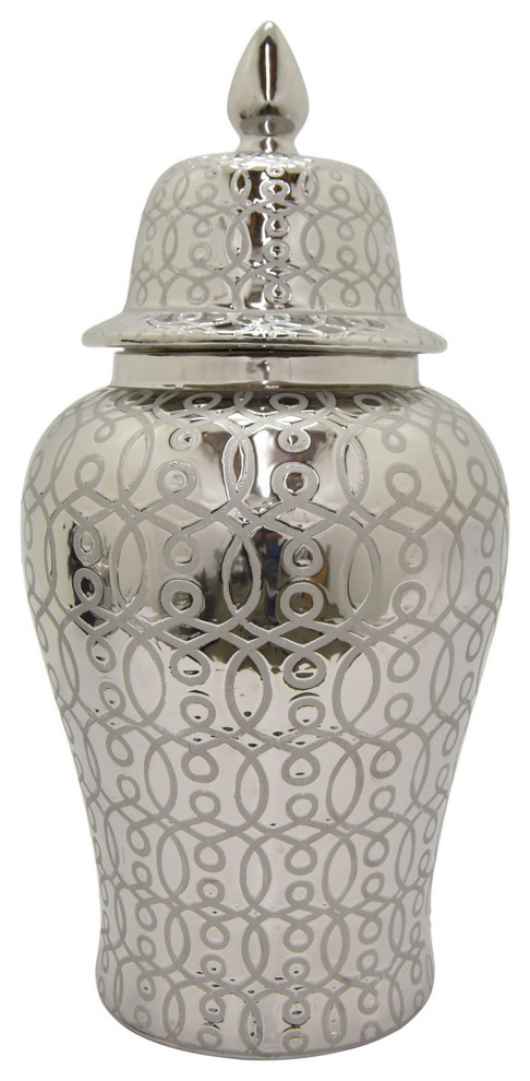 Plutus Brands Ceramic Temple Jar, Silver, Silver Porcelain - Asian ...