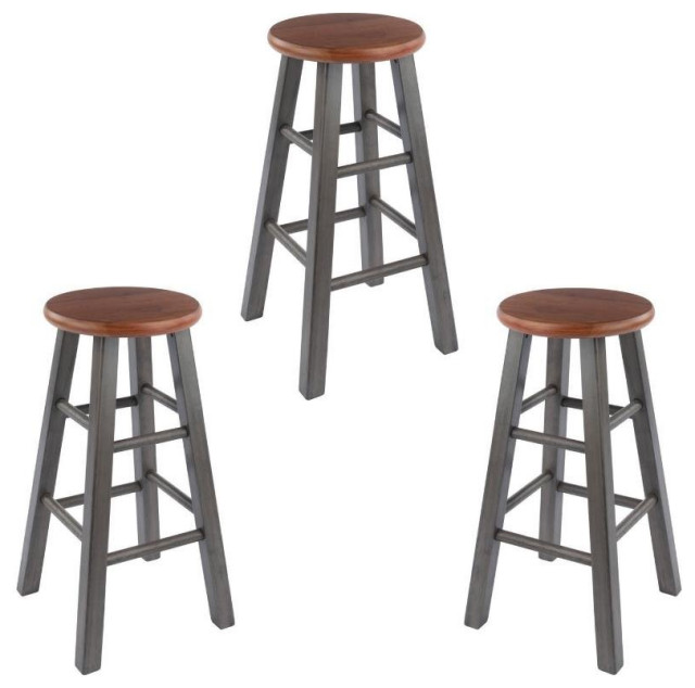 Home Square 3 Piece Transitional Wood Counter Stool Set in Rustic Teak ...