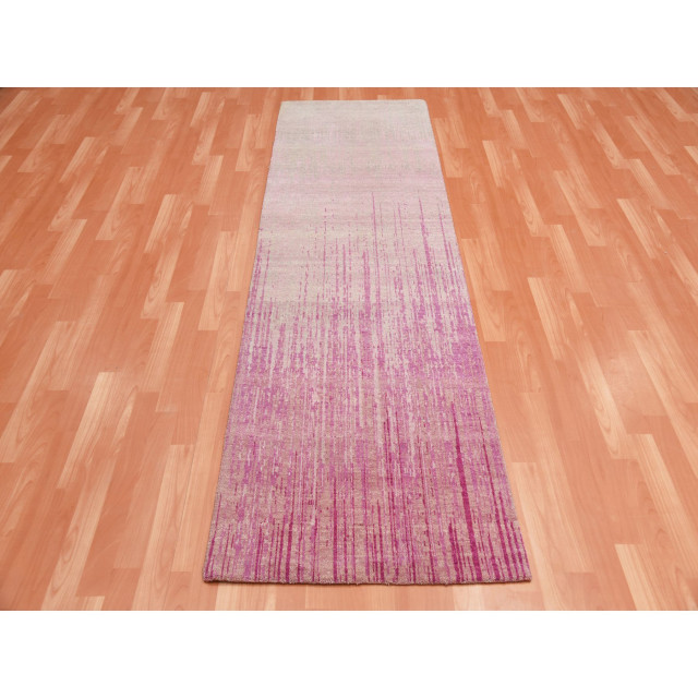 Pink Hand Knotted Vertical Ombre Design Natural Wool Runner Rug, 2'7"x8 ...