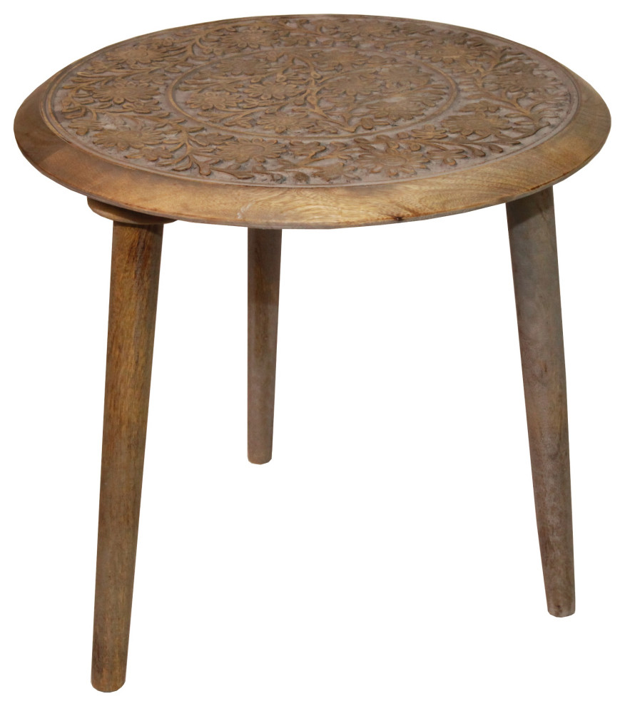 Benzara Farmhouse Style Wooden Accent Table with Floral Engraving ...