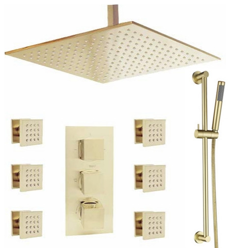 Fontana Verona Brushed Gold Bathroom Thermostatic Shower System Set ...