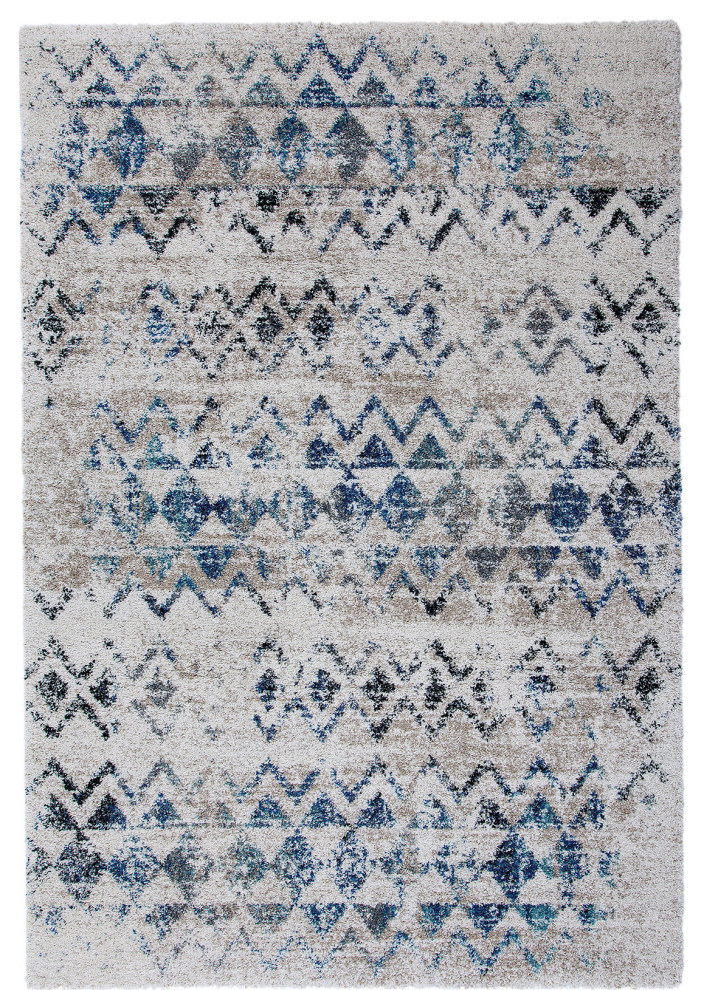 90X63 Inches Fabric Power Loomed Rug W Chevron and Diamond Print, Blue ...