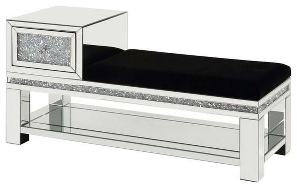 Benzara BM251186 Mirrored Storage Bench With Faux Diamonds/Open Shelf ...