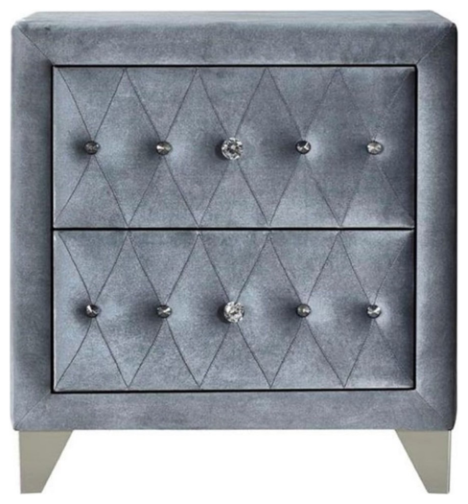 ACME Dante Crystal-Like Knob Velvet Upholstered 2-Drawer Nightstand in ...