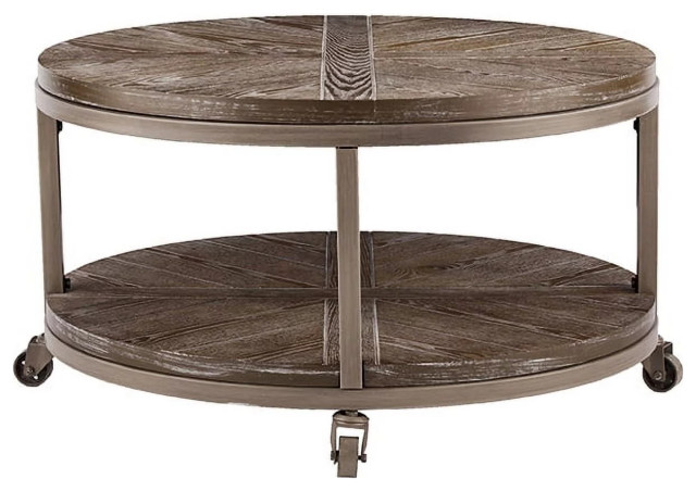 Round Coffee Table with Display Shelf and Casters, White Burnt Oak/Gray ...